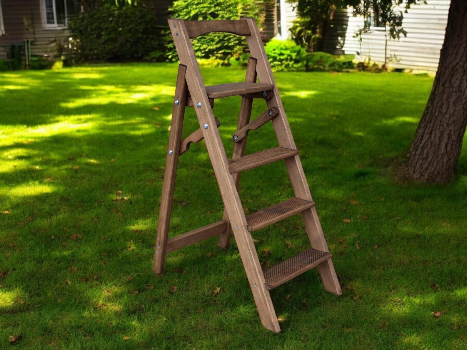 Red Natural Wood Folding Ladder for Kitchen, Library Wooden Stepladder ...