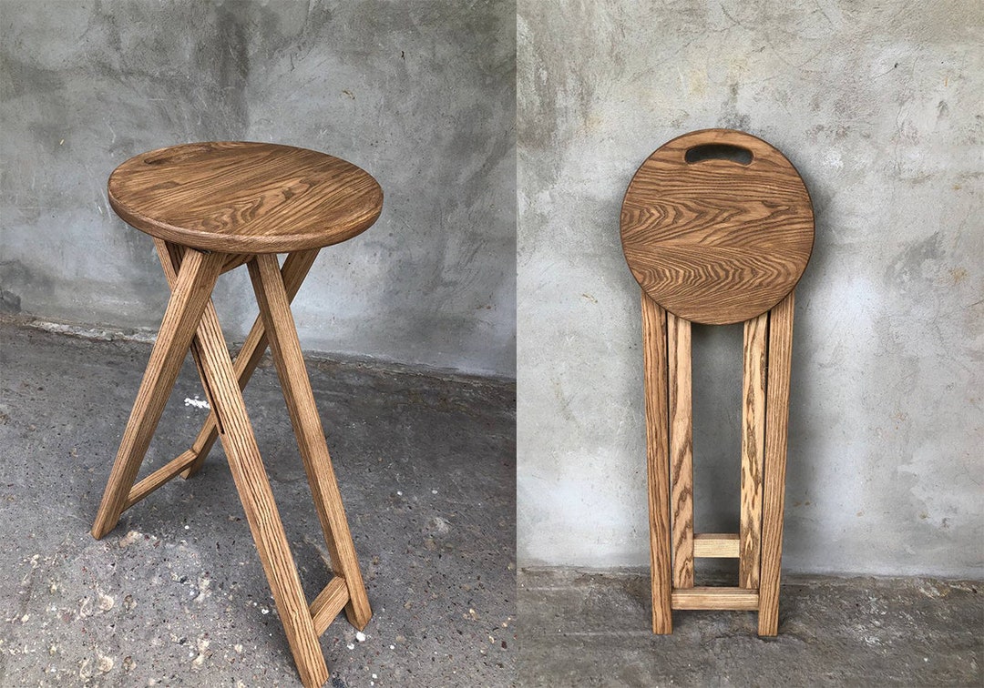 Wooden Folding Stool, Round Portable Seating, Foldable Wooden Stool ...