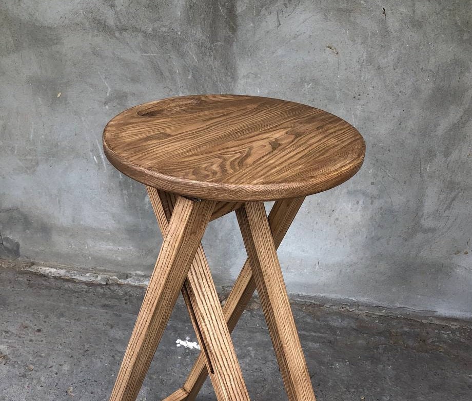 Ash Round Wooden Folding Stool, Foldable Wooden Stool With Circular ...