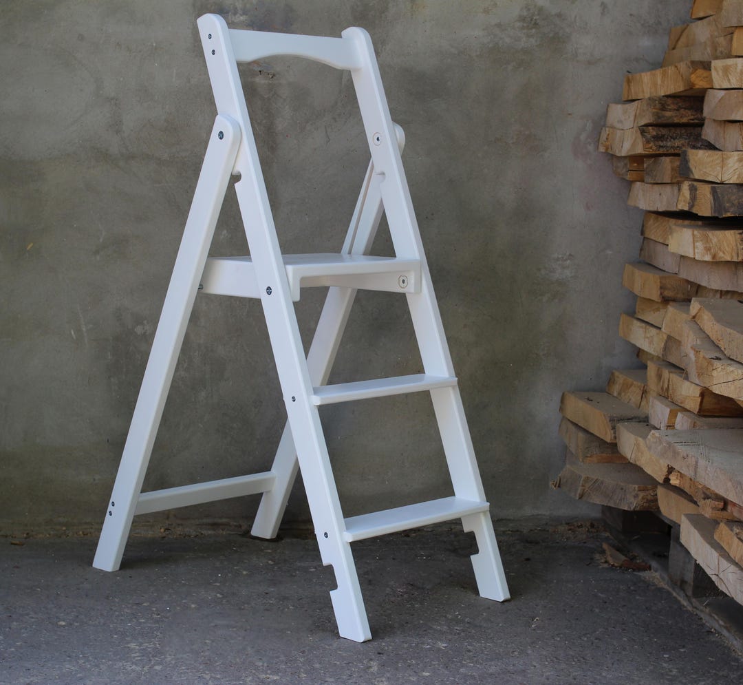 White Slim Folding Wooden Step Ladder – Compact 3-step Solid Wood ...