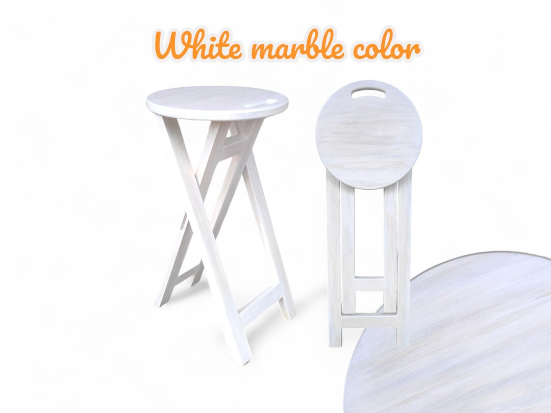 White Marble Wooden Folding Stool With Circular Seat, Foldable Handle ...