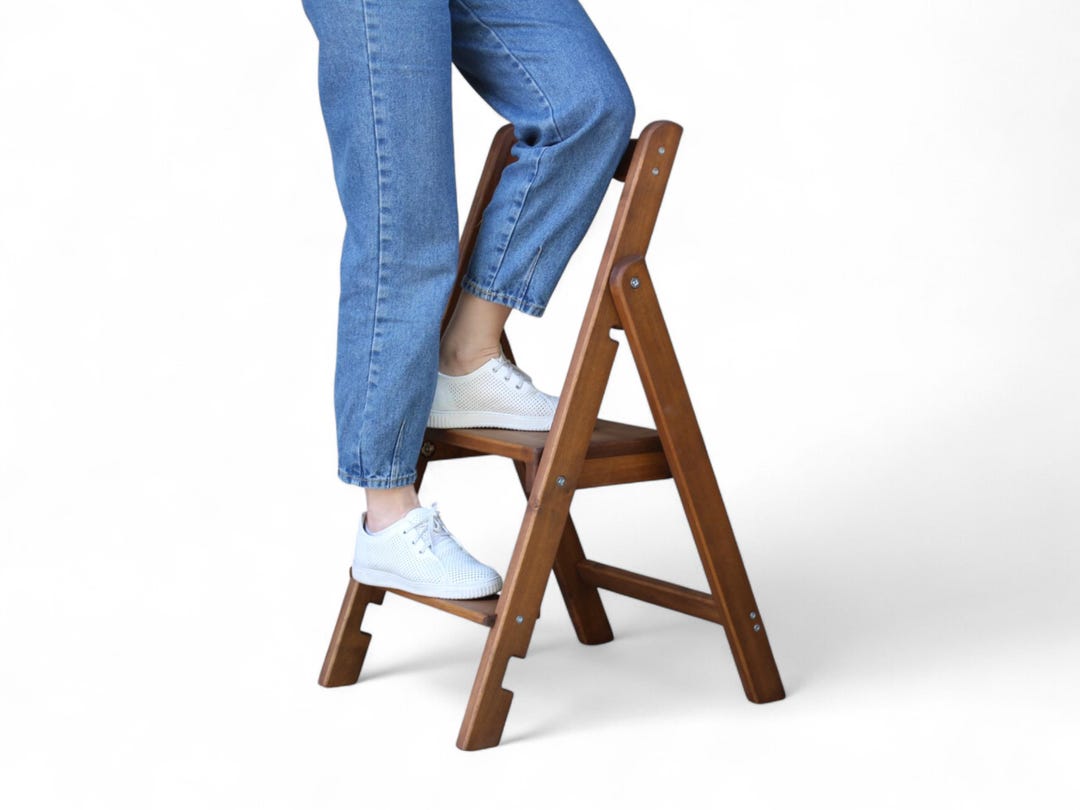 Natural Wood Slim Folding Step Ladder Rustic Step Stool for Kitchen ...