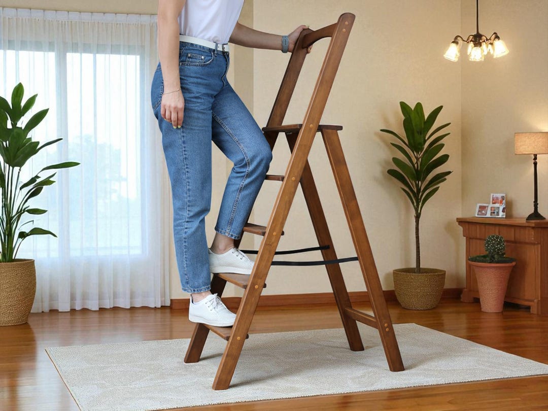 Tall Wooden Folding Ladder – Natural Slim Stepladder With High Handle ...