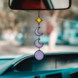 Celestial Moon Phases Car Mirror Charm. Delicate Lavender Stained Glass ...