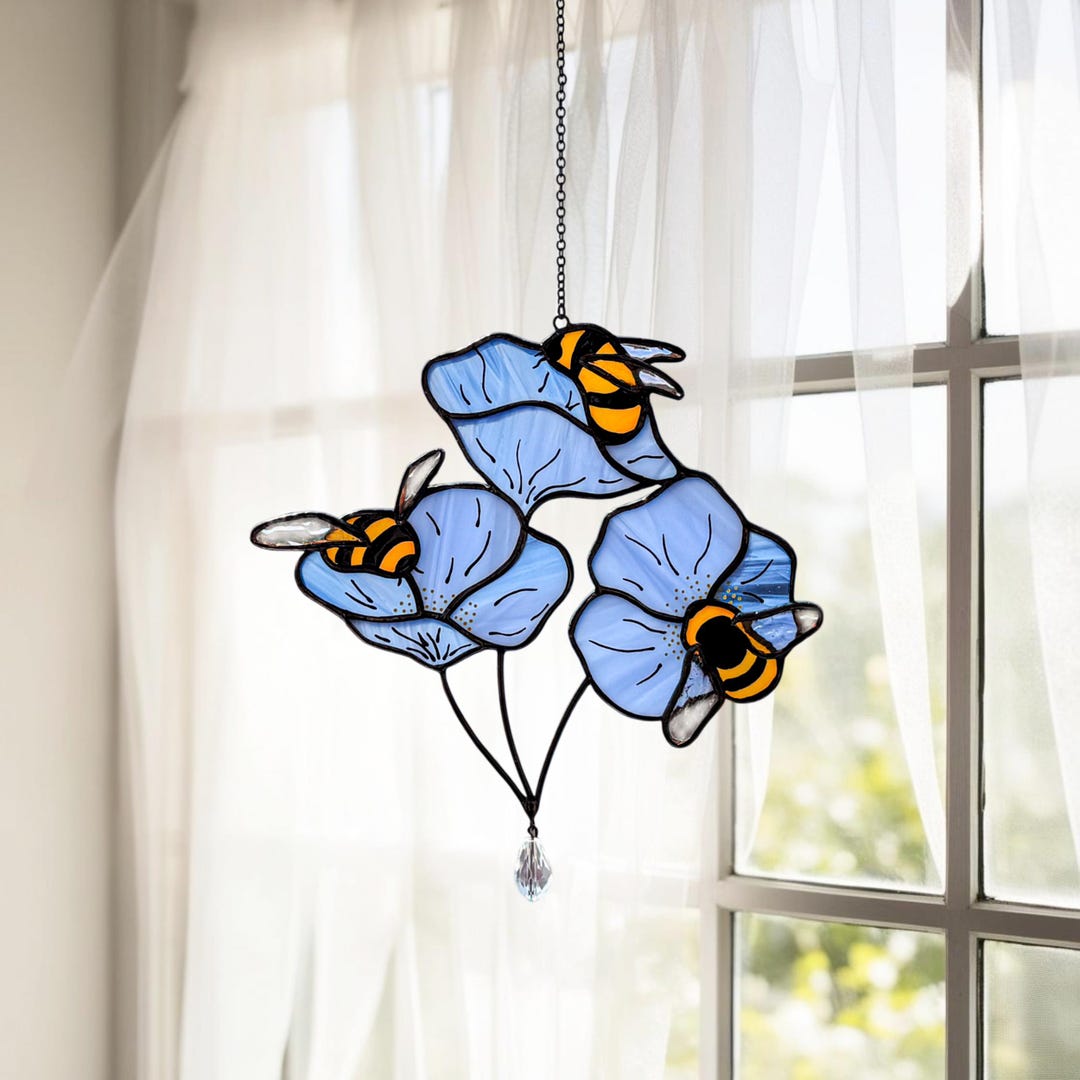 Handmade Stained Glass Bee Suncatcher With Blue Flowers – Unique Nature ...
