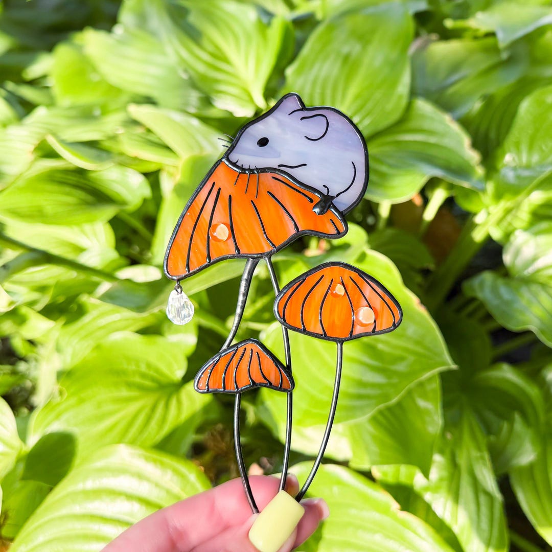 Stained Glass Mouse on Orange Mushrooms Plant Stake. Handmade ...