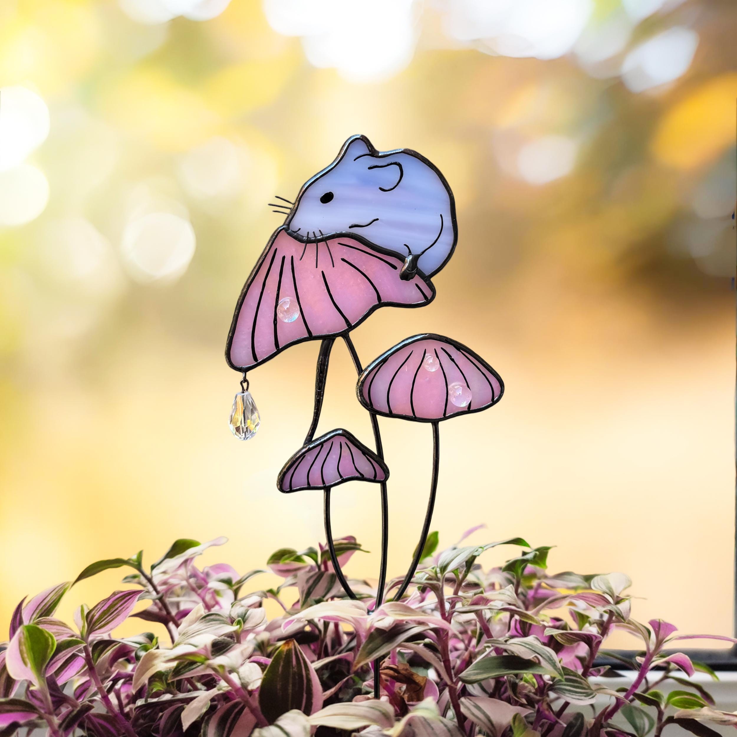 Stained Glass Mouse on Orange Mushrooms Plant Stake. Handmade ...