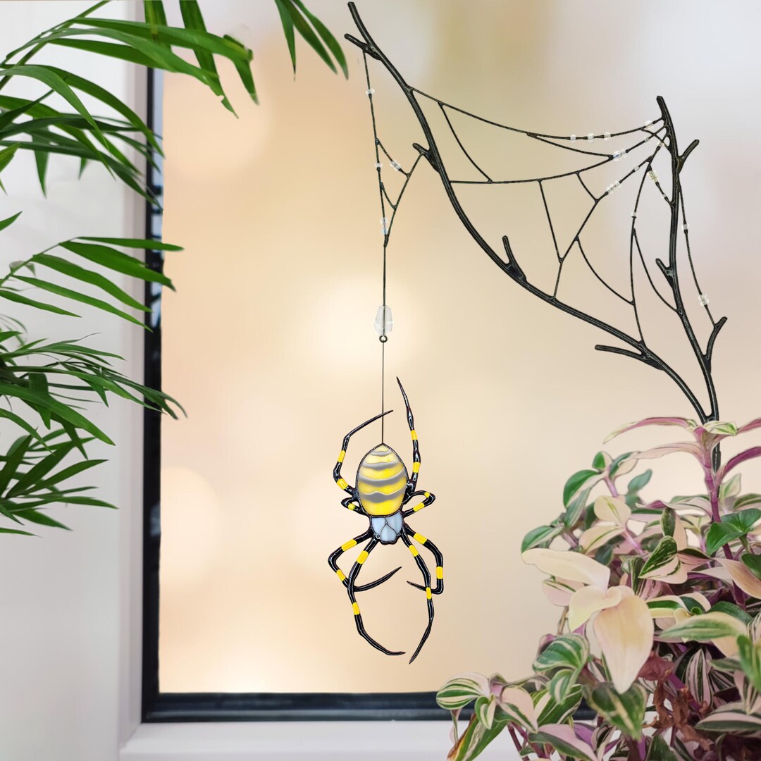 Spider Web Plant Stake With Yellow Garden Spider. Stained Glass Spider ...