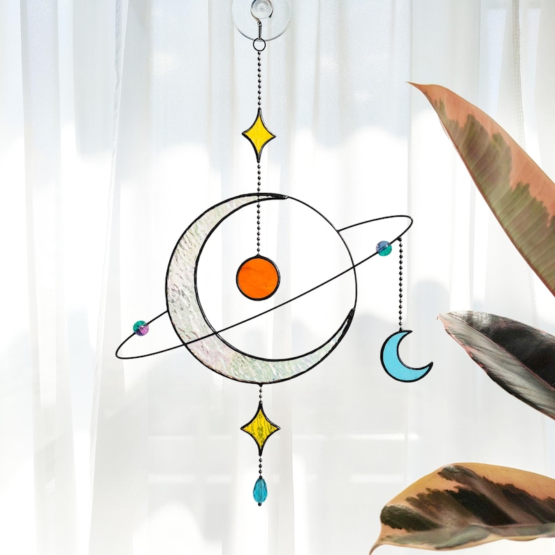 Solar System Stained Glass Suncatcher. Celestial Gift for Moon Lover ...