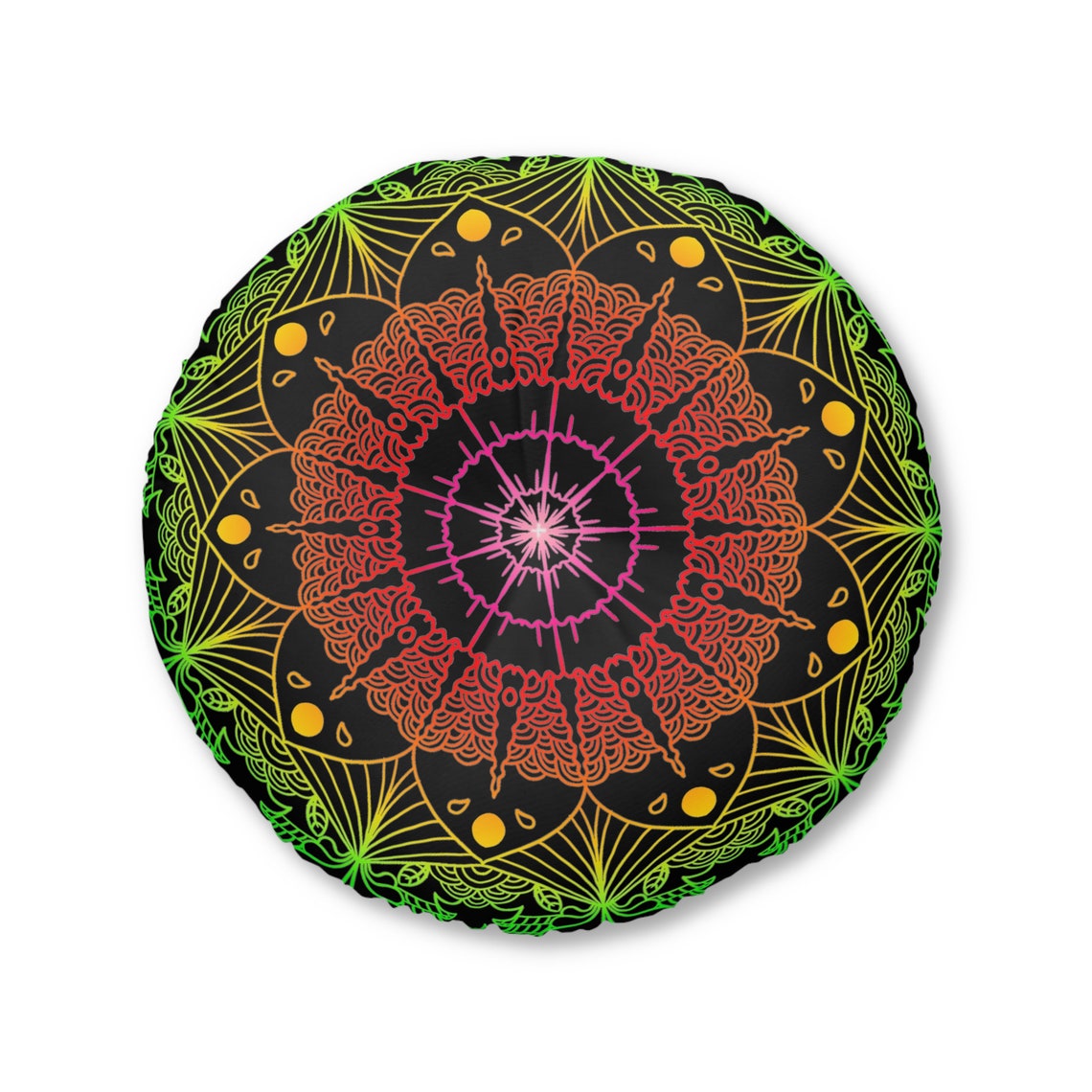 Floor Cushion Mandala Art Hand Drawn Flower Colors on Black Background ...