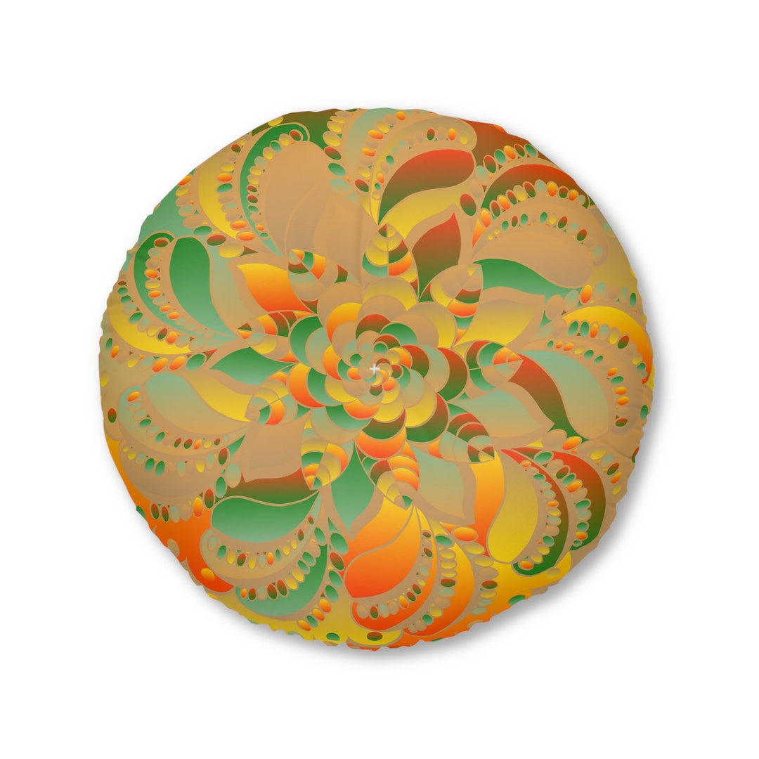 Floor Cushion Mandala Art Hand-drawn Tufted Floor Pillow, Round, Dune ...