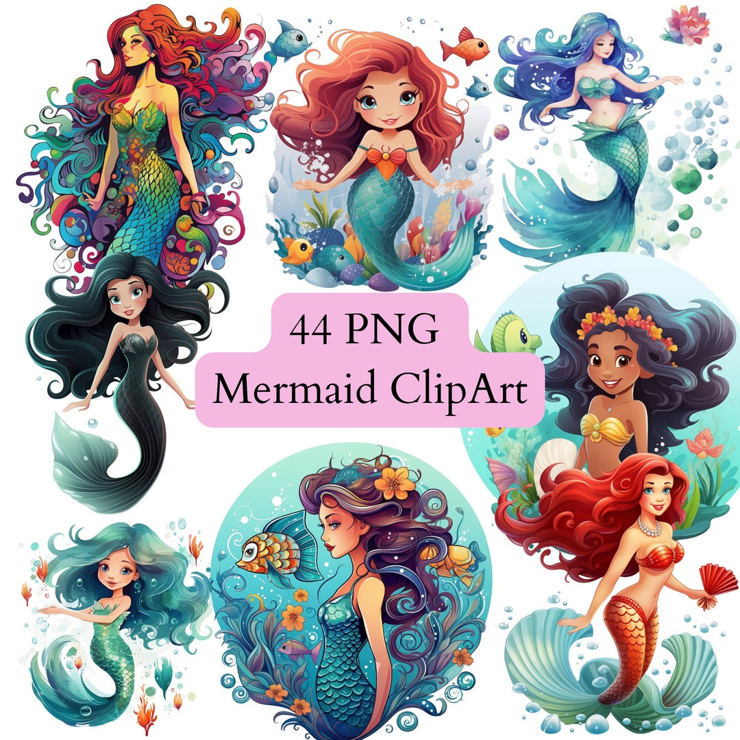 44 PNG Cute Mermaid Clipart Bundle: Watercolor Mermaid, Black Mermaid ...
