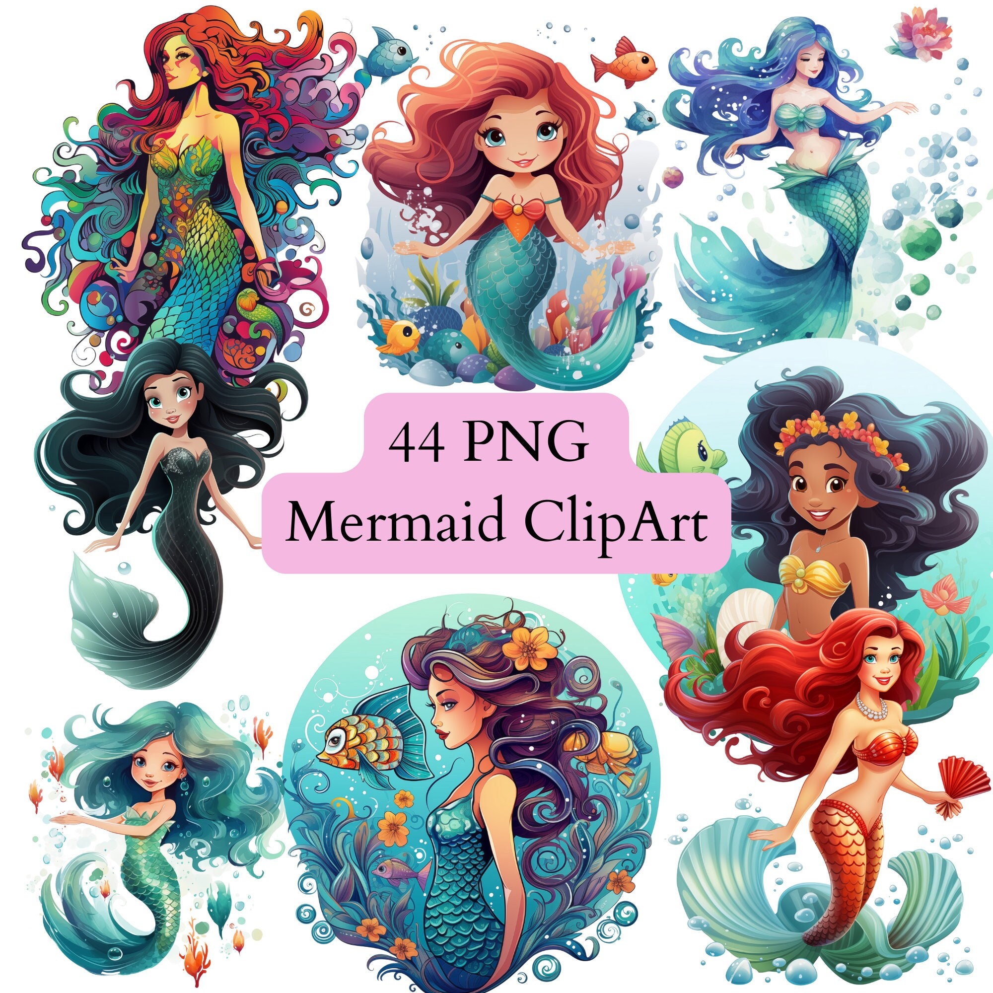 44 PNG Cute Mermaid Clipart Bundle: Watercolor Mermaid, Black Mermaid ...