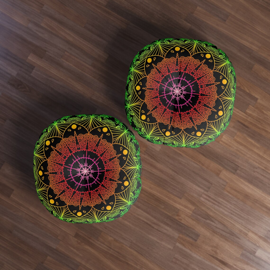 Floor Cushion Mandala Art Hand Drawn Flower Colors on Black Background ...
