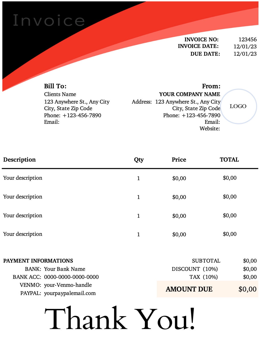 Red Invoice Template: Suitable for Small Business, Professional Invoice ...