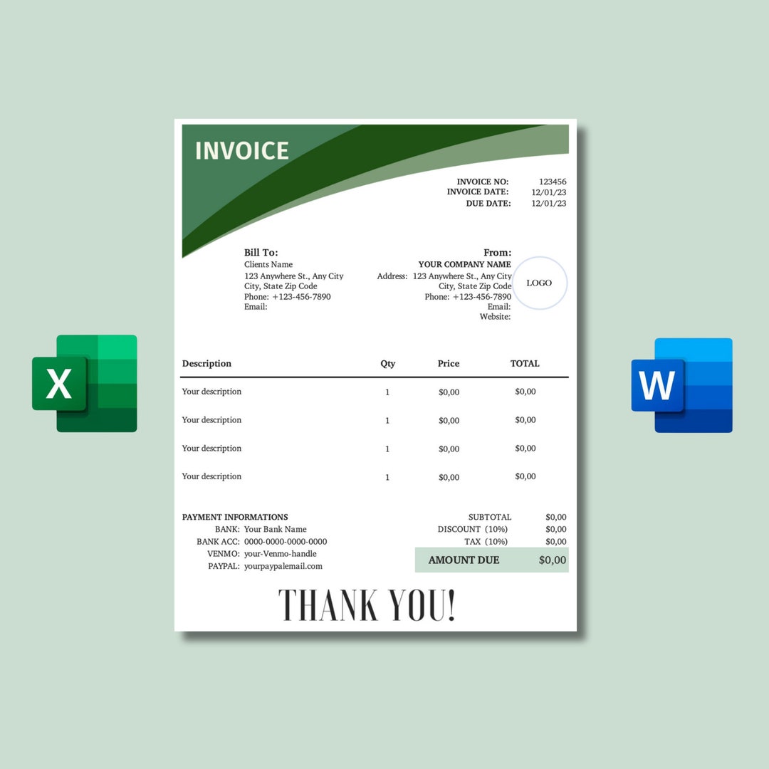 Green Invoice Template – Word, Excel & PDF | Editable Invoice for Small ...