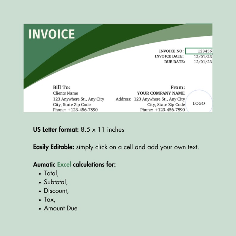 Invoice Template Pdf/excel/word. Green Invoice. Business Invoice ...