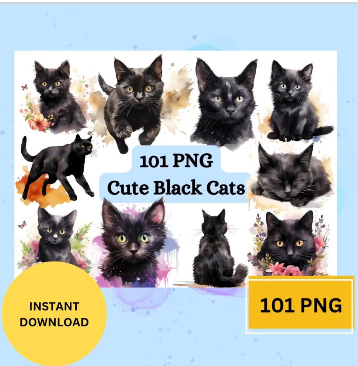 101 Watercolor Black Cats PNG Cliparts Watercolor Clipart, Cute Black ...