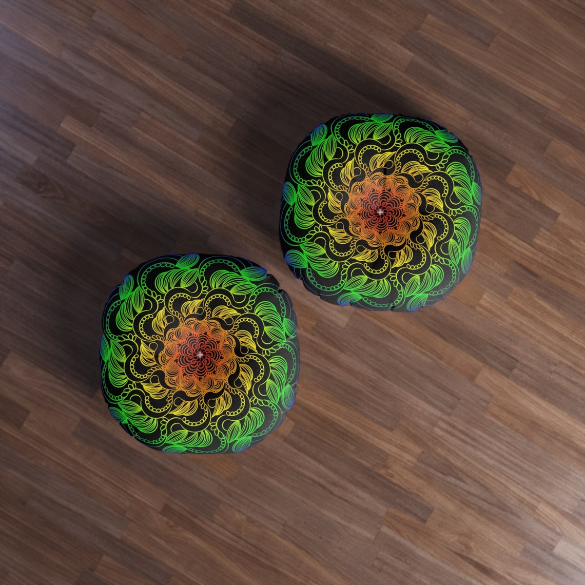 Floor Cushion Handmade Mandala Art Rainbow on Black Background Drawn by ...