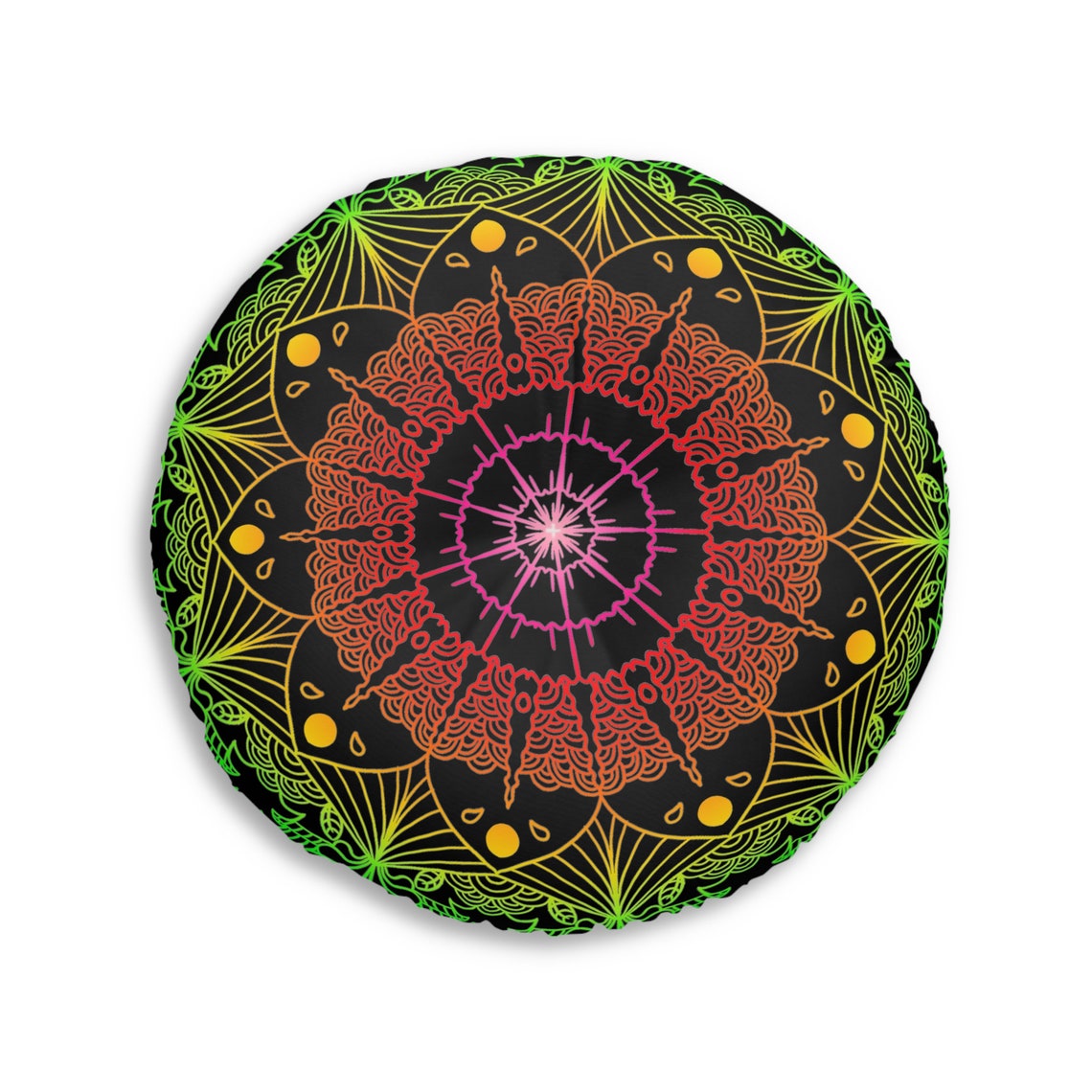 Floor Cushion Mandala Art Hand Drawn Flower Colors on Black Background ...