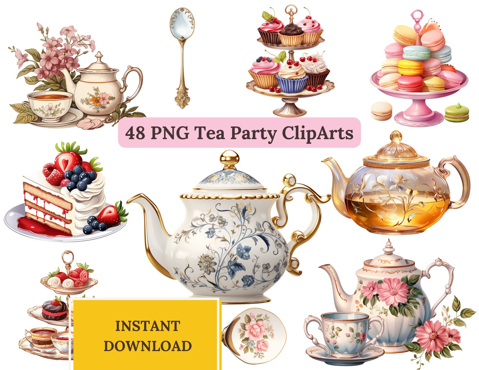 Tea Party Clipart Bundle, Tea Set Clipart, Teapots, Floral Decor ...