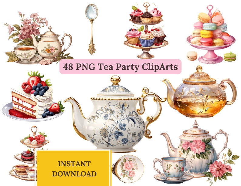 Tea Party Clipart Bundle, Tea Set Clipart, Teapots, Floral Decor ...
