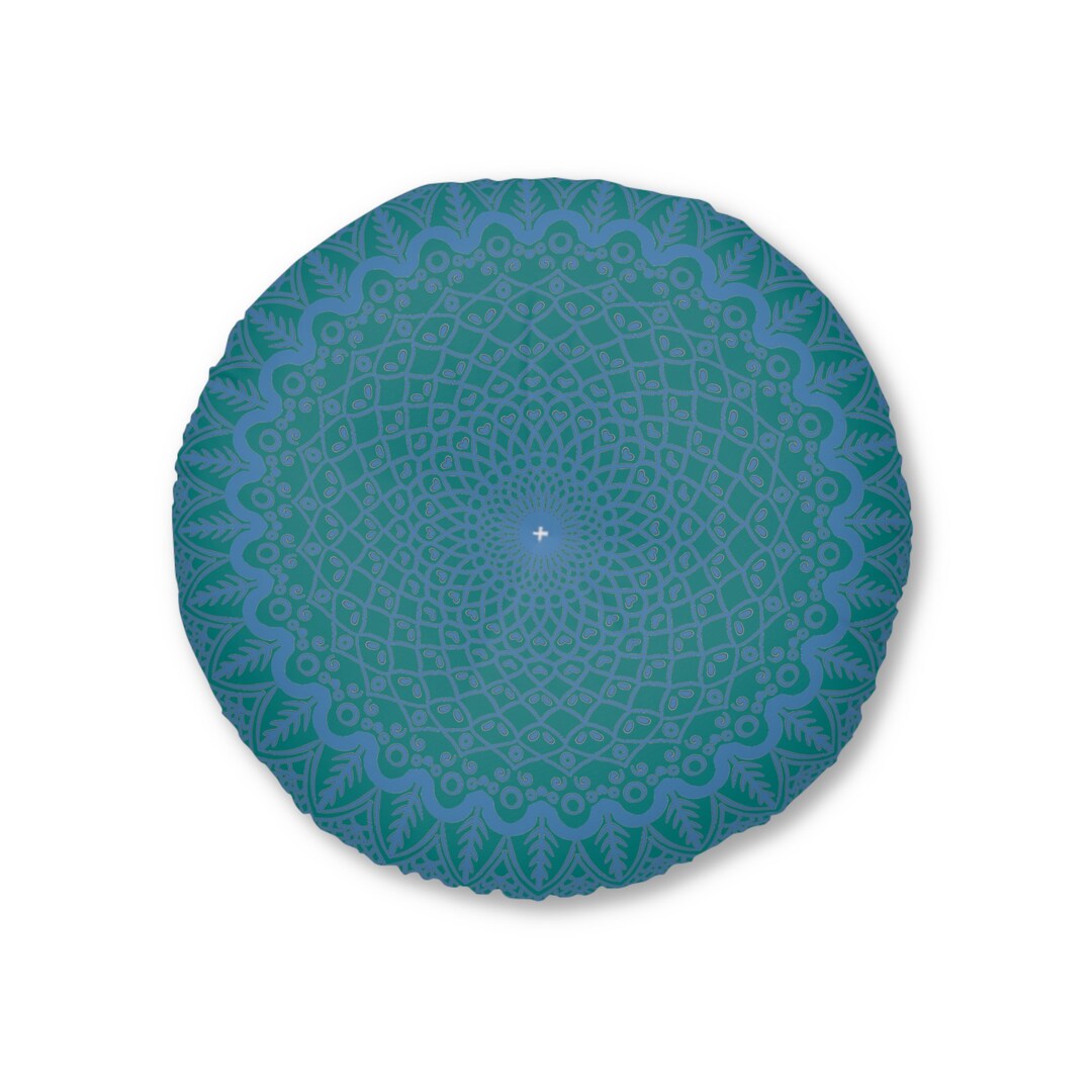 Floor Cushion Handmade Mandala Art Steel Blue on Teal Background Drawn ...