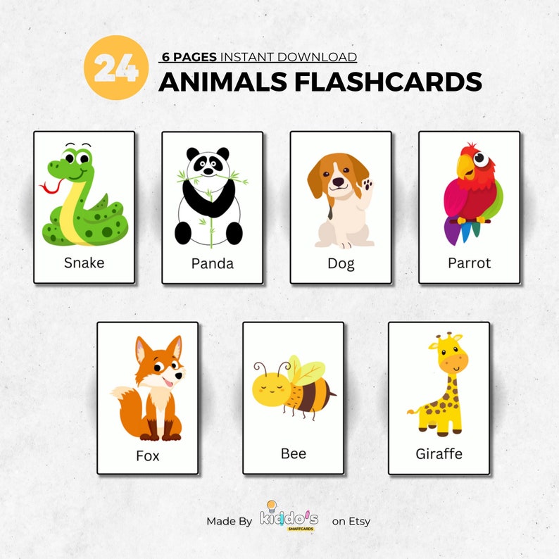 Animals Flashcard, Printable Flashcards, Gift for Kids, Montessori ...