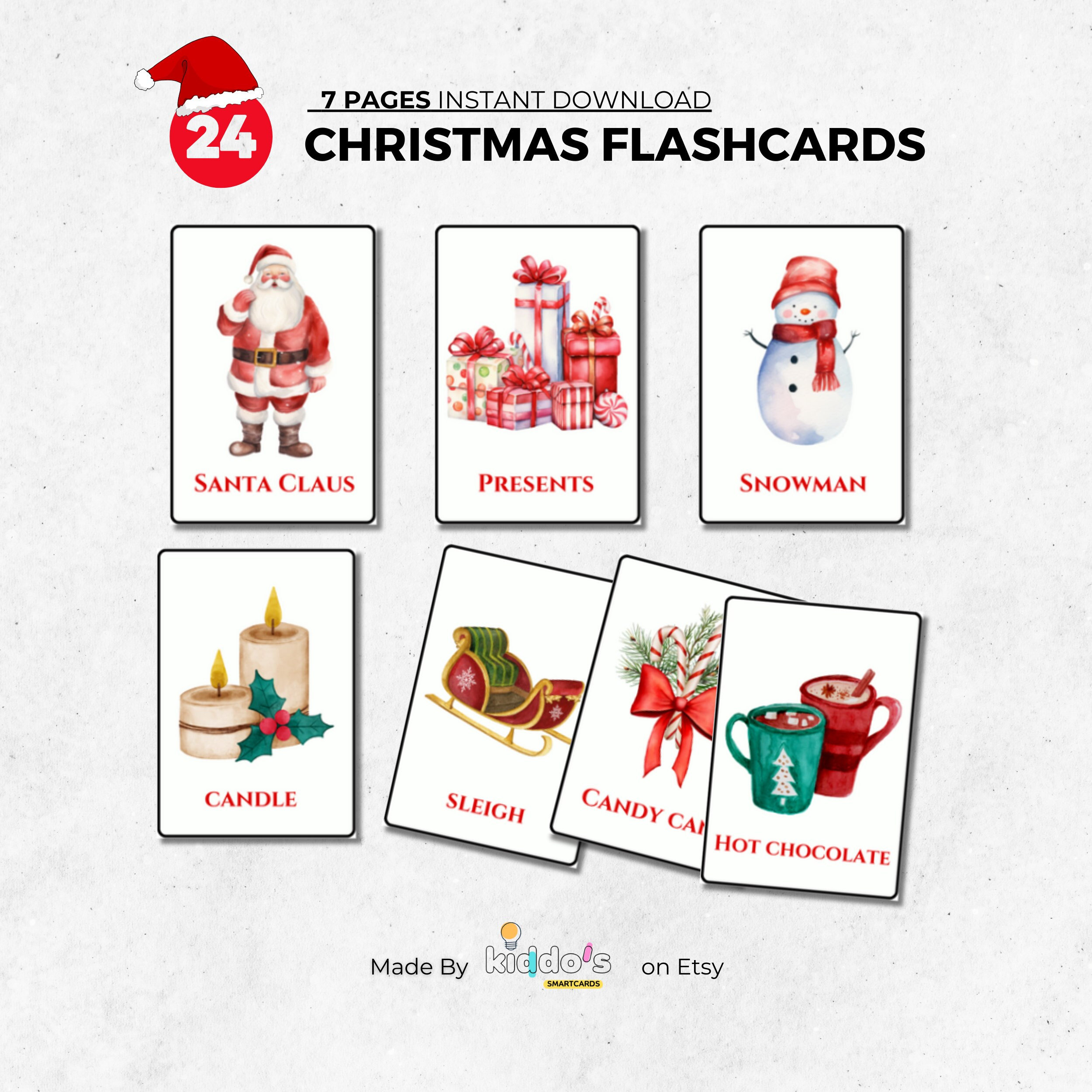 Christmas Flashcards, Printable Flashcard, Gift for Kids, Christmas ...