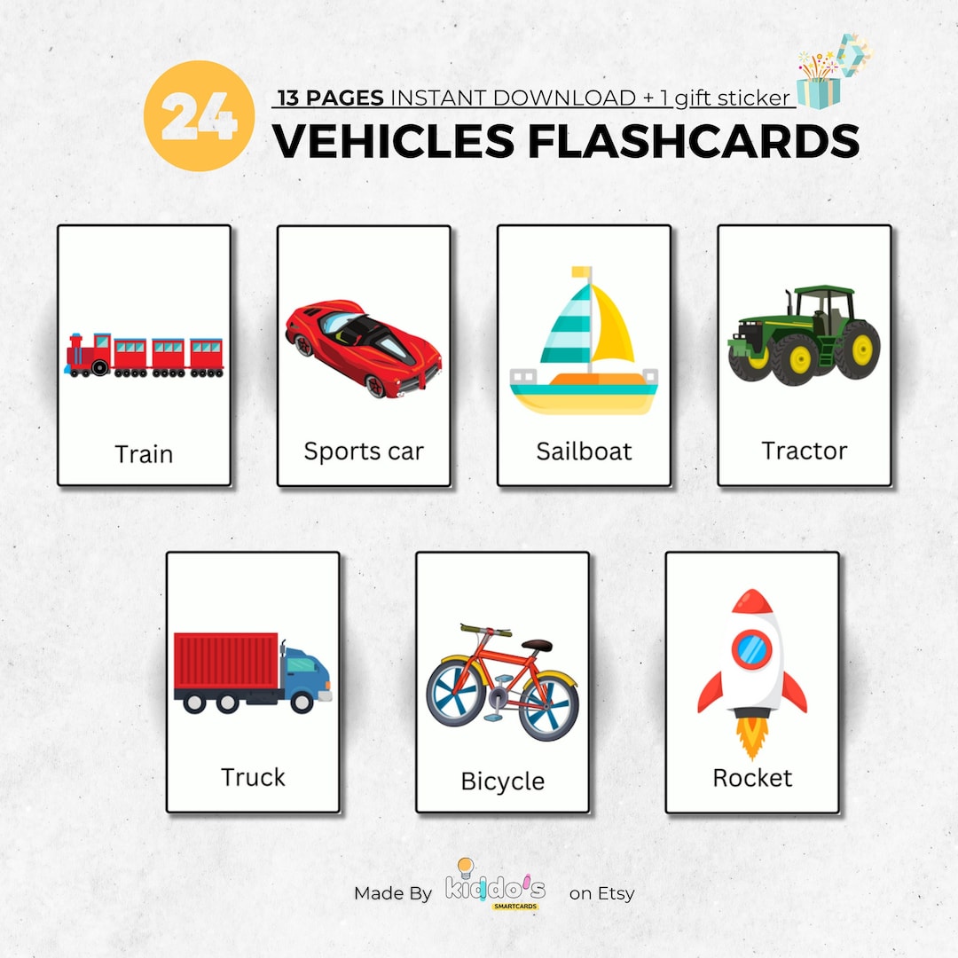 Vehicles Flashcards, Montessori Cards, Vehicles Cards, Transportation ...