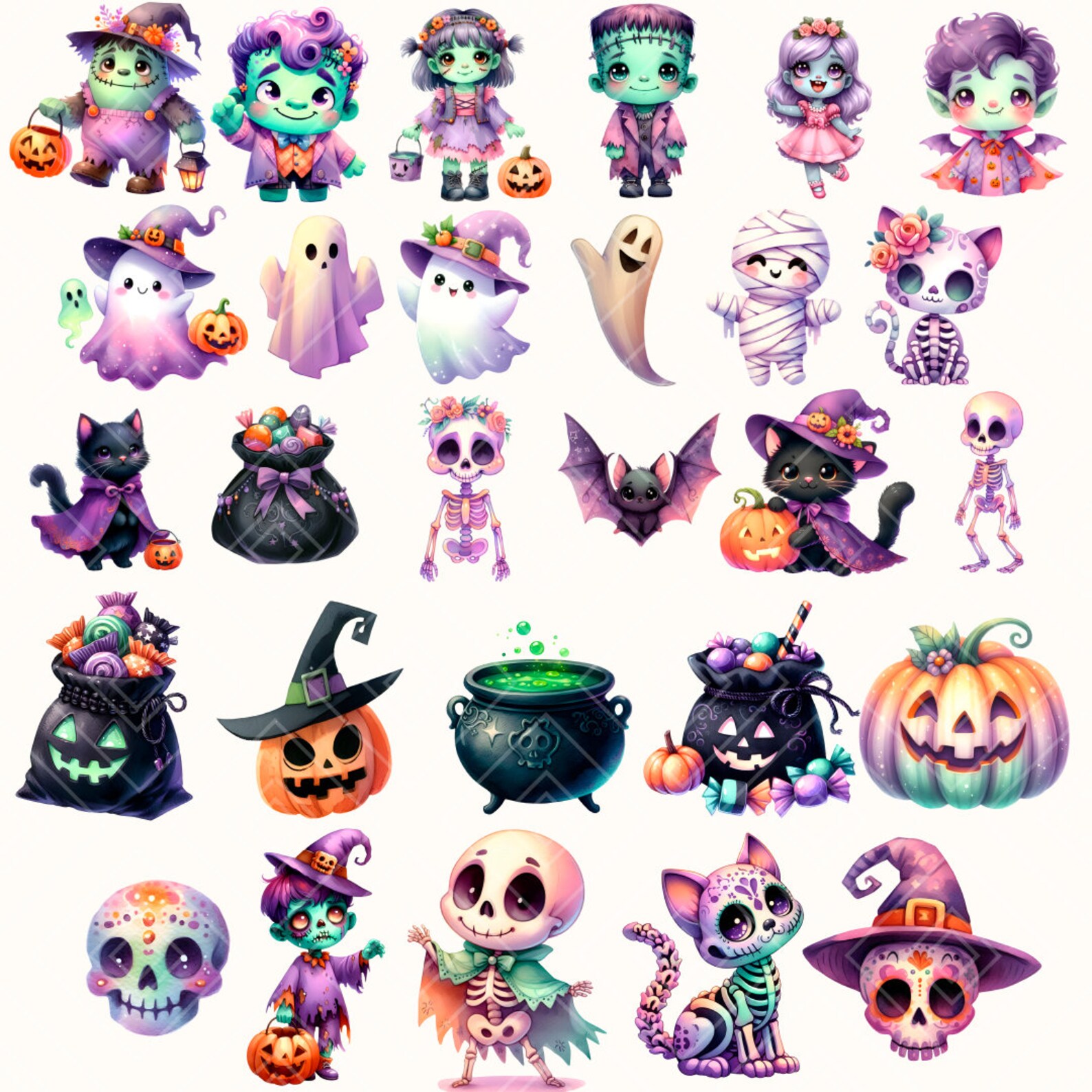 Cute Halloween Watercolor Clipart Bundle, Pumpkin Clipart, Halloween ...