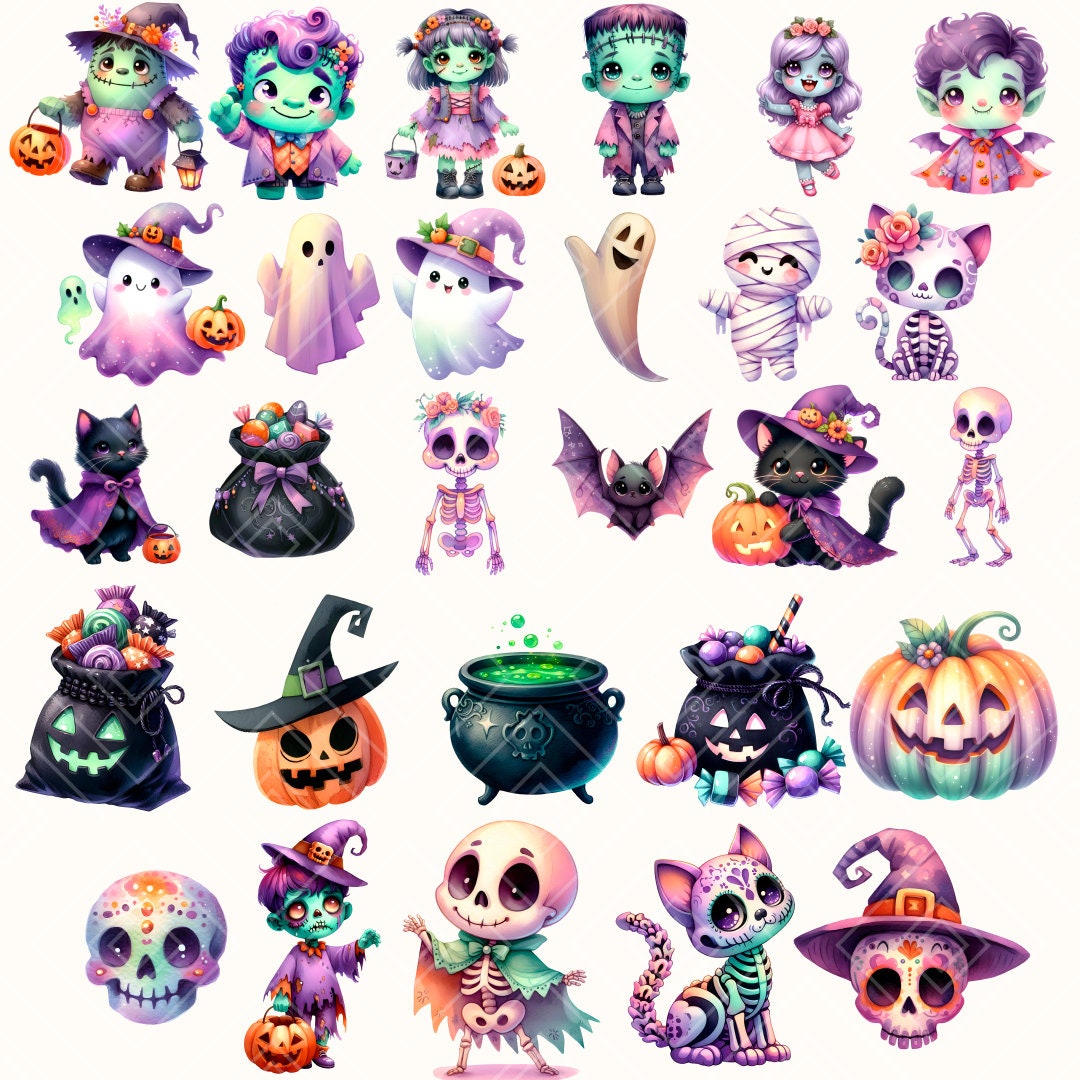 Cute Halloween Watercolor Clipart Bundle, Pumpkin Clipart, Halloween ...