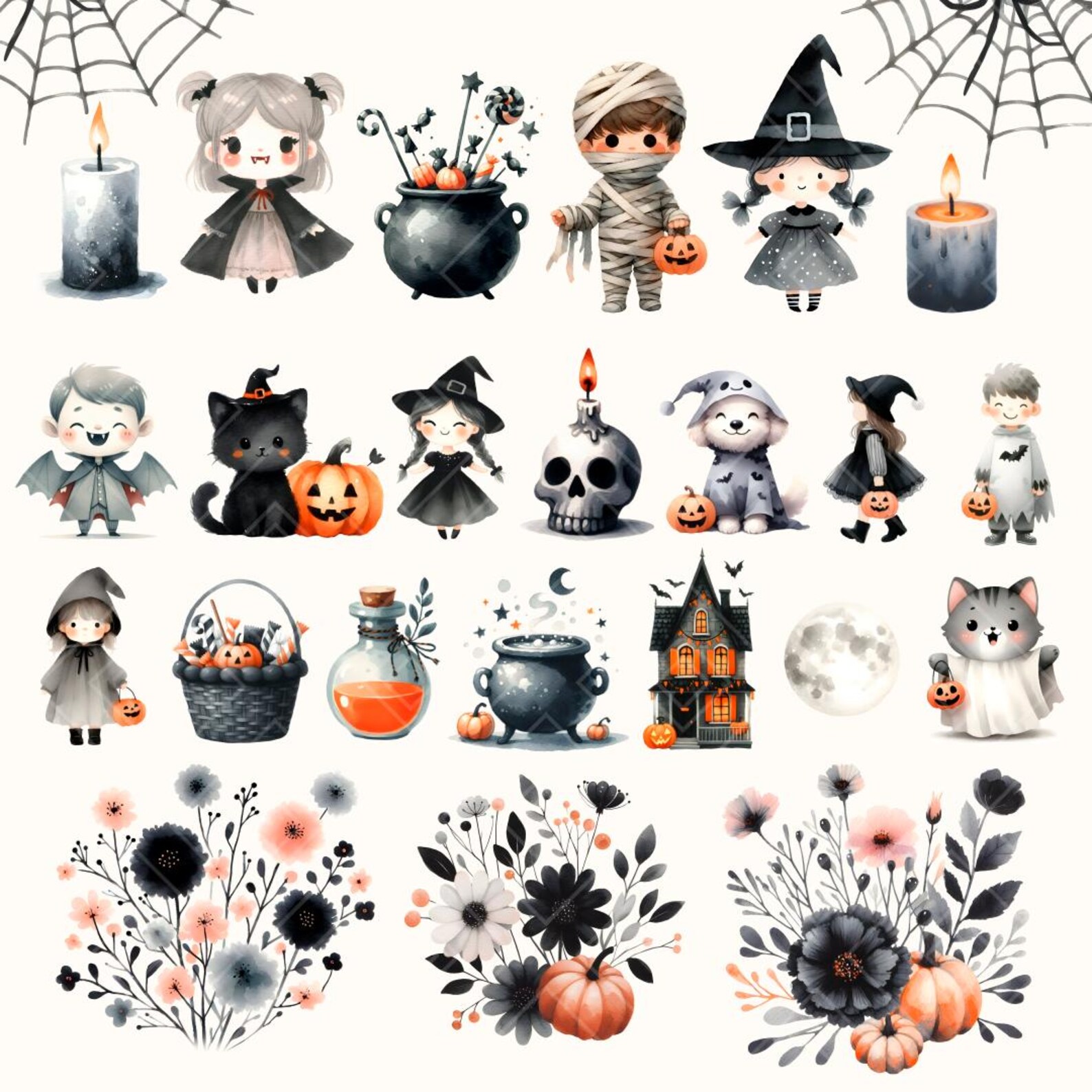 Cute Halloween Watercolor Clipart Bundle, Pumpkin Clipart, Halloween ...