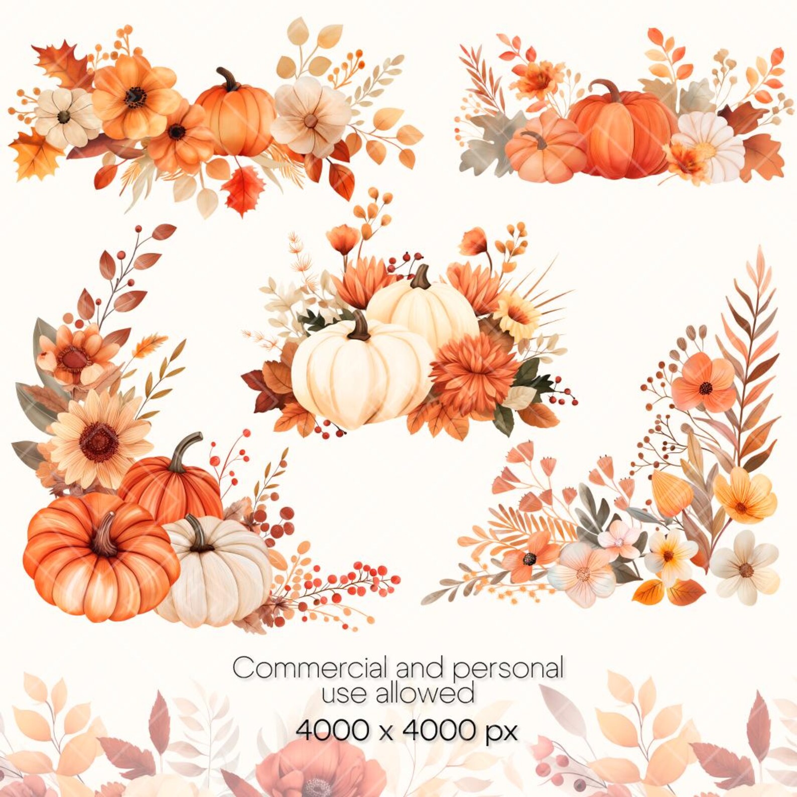 Watercolor Autumn Clipart: Pumpkins, Flowers, Bouquets (PNG Digital ...