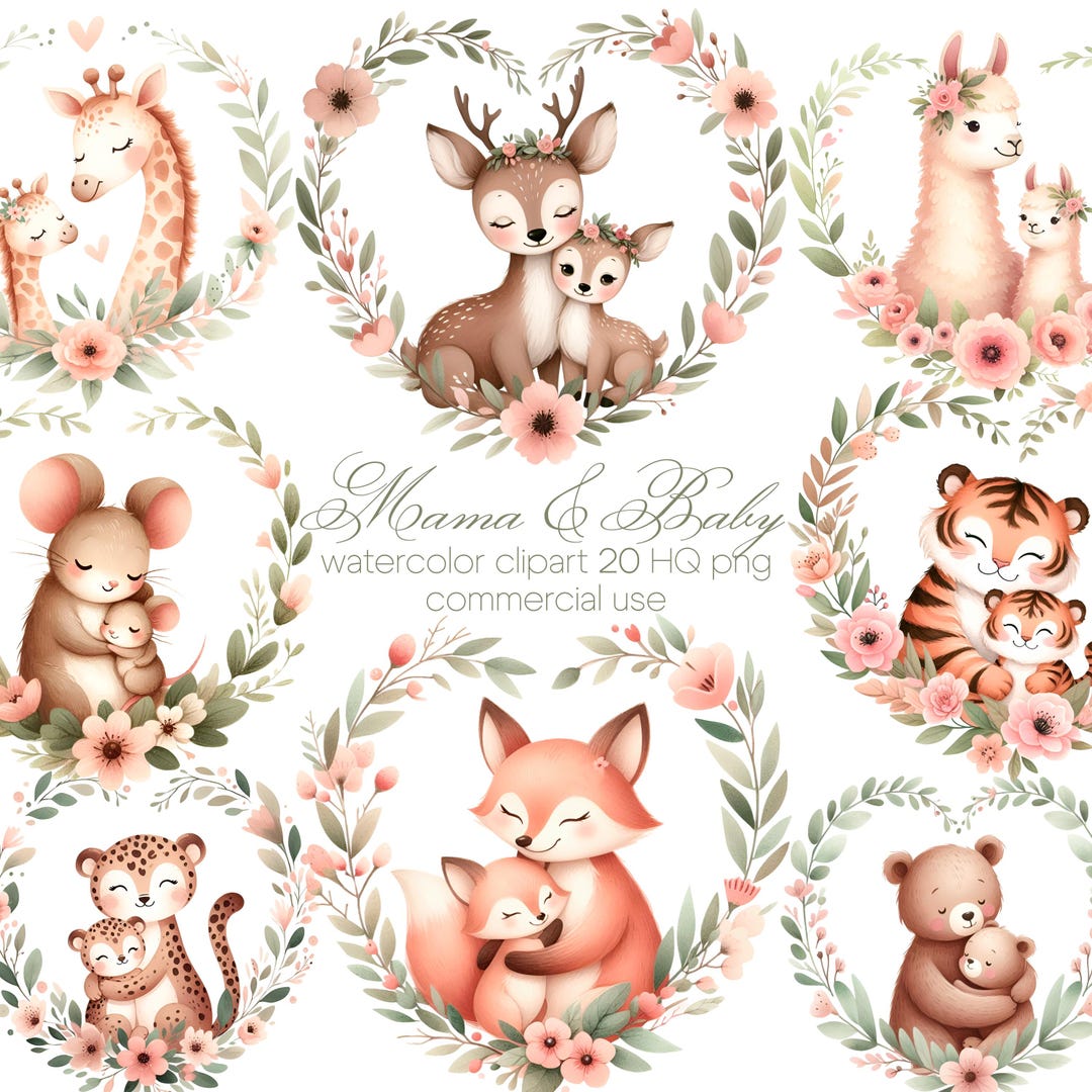 Mom and Baby Animals, Woodland Clipart, Boho Animal PNG, Baby Animals ...
