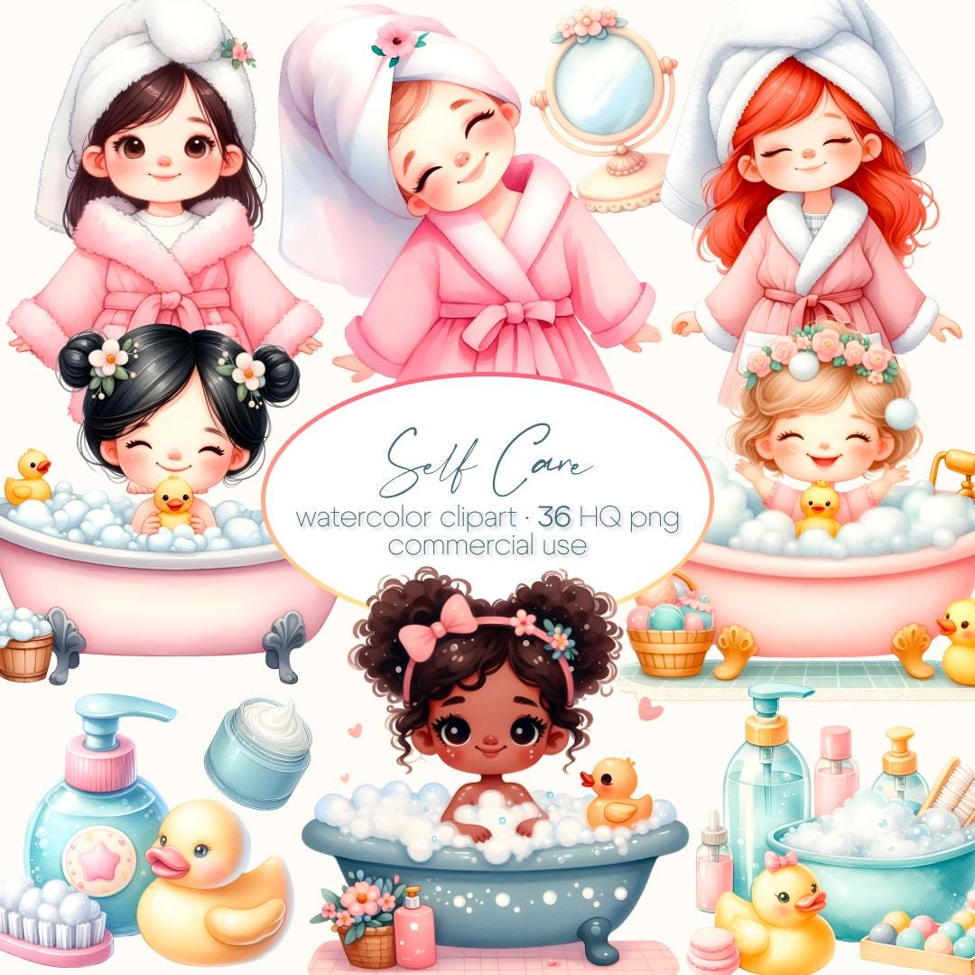Spa Watercolor Clipart: Self Care Girls, Bath Time (digital Download ...