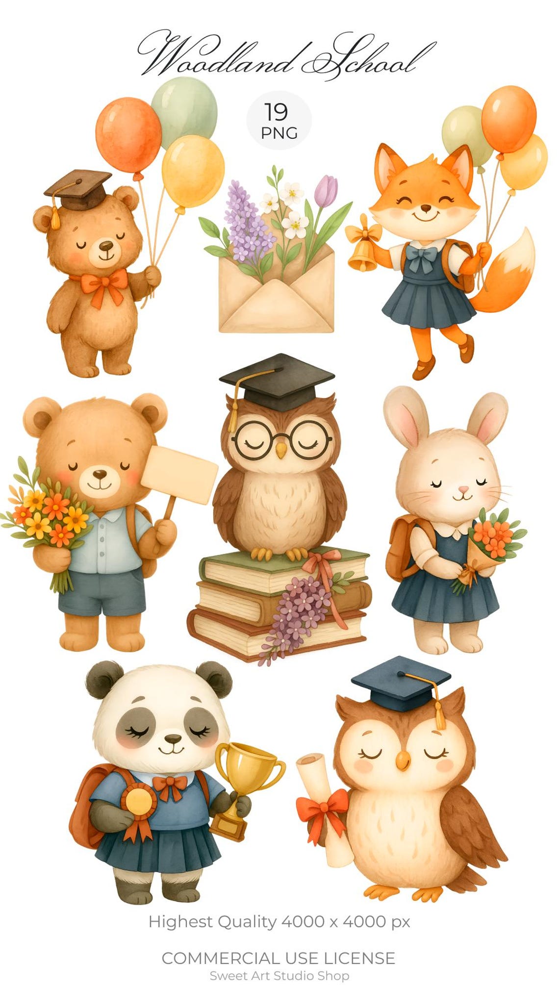 School Animals Clipart: Watercolor Student PNG Set (digital Download ...