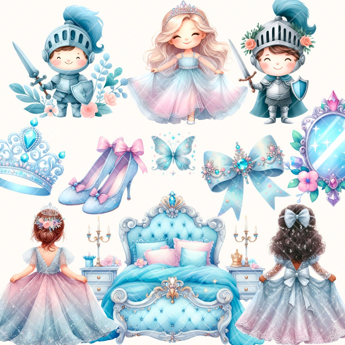 Watercolor Blue Princess Clipart, Little Princess Clipart, Fairytale ...
