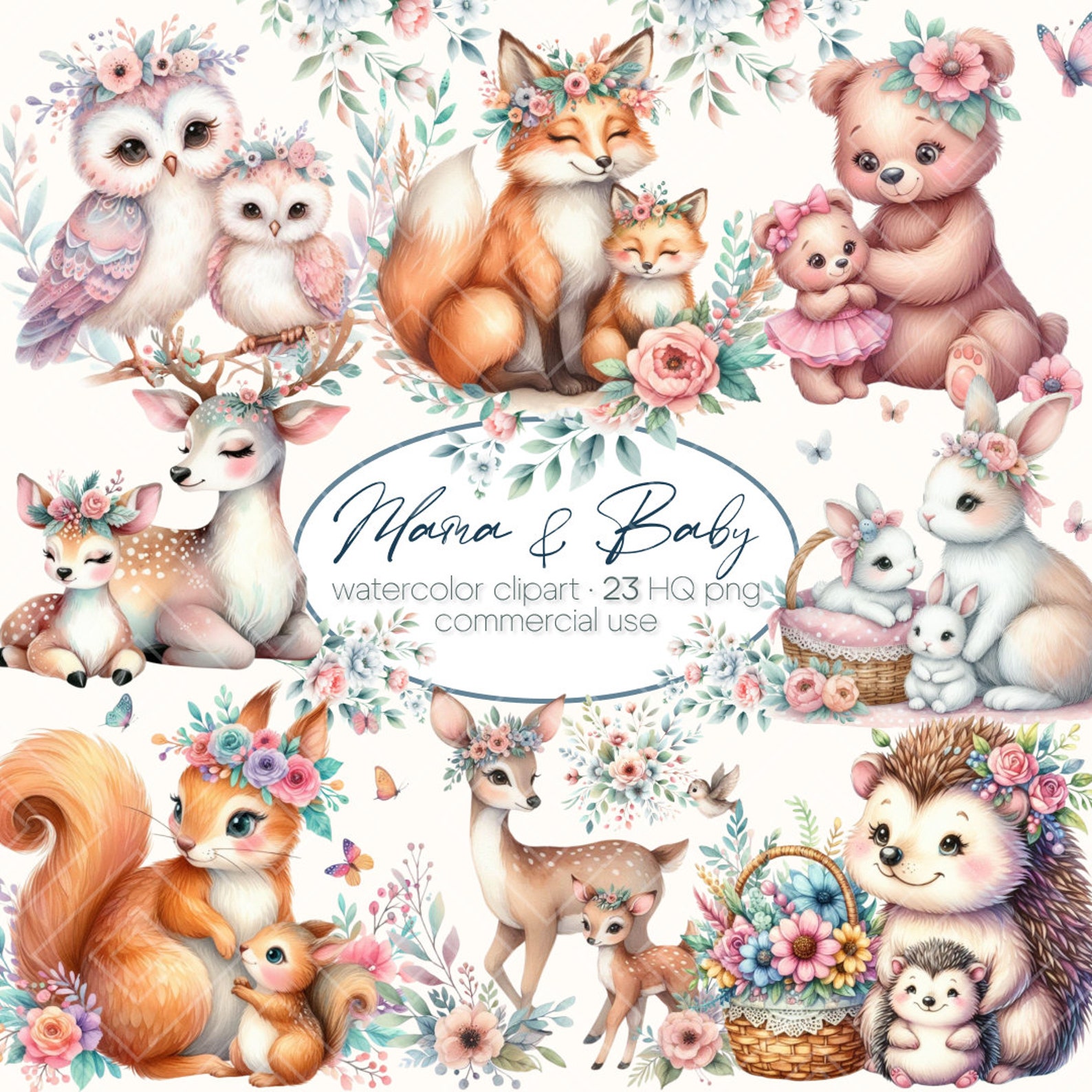 Watercolor Mama and Baby Animal Clipart, Mother's Day Clipart, Baby ...