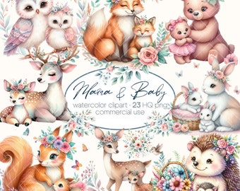Watercolor Mama and Baby Animal Clipart, Baby Animals, Cute Animal PNG ...