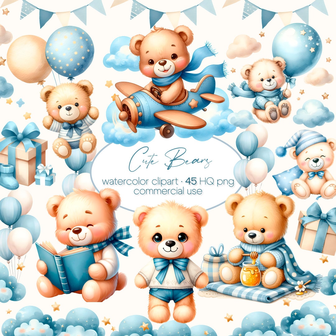 Watercolor Blue Teddy Bear Clipart, Sleeping Teddy Bears, Little Teddy ...