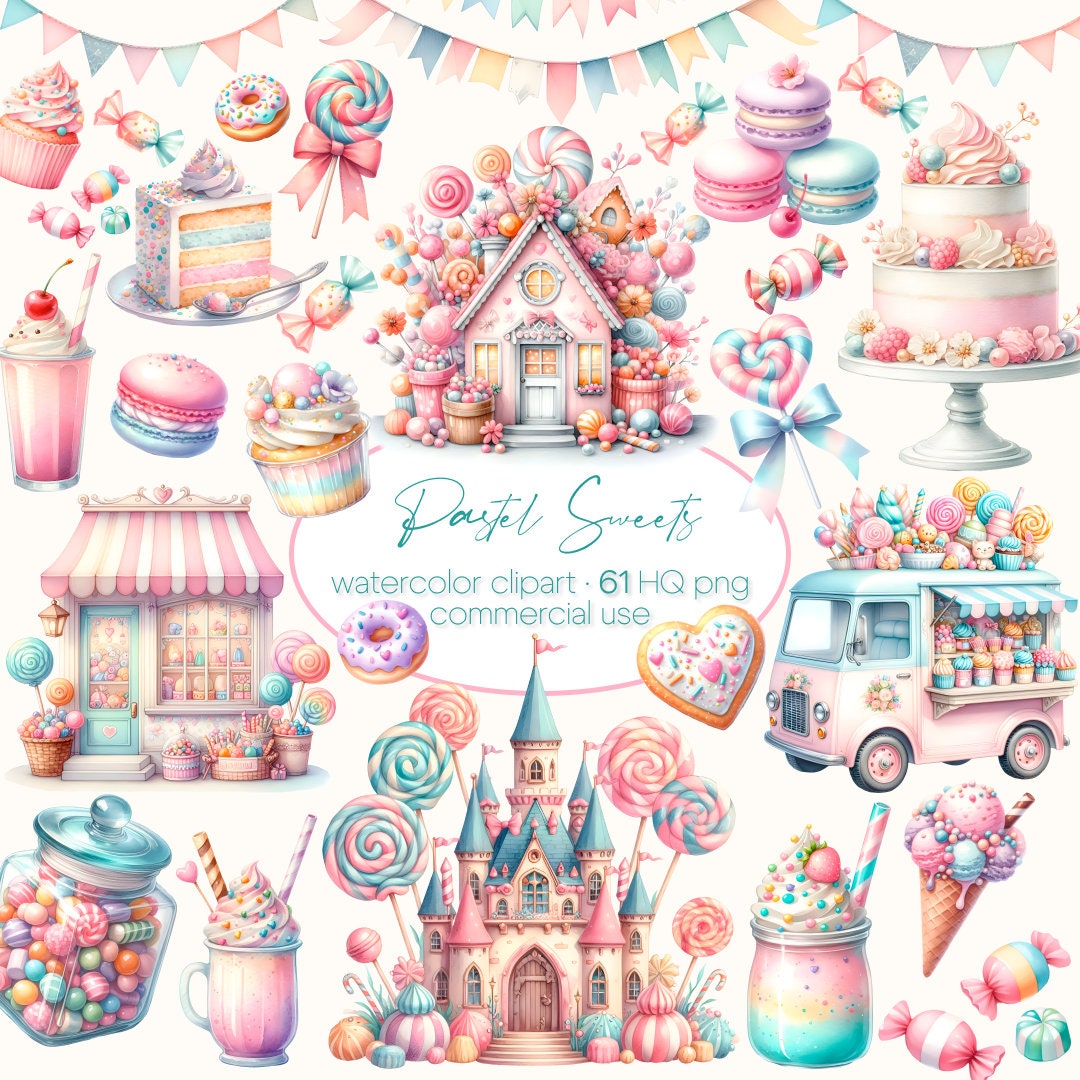 Pastel Sweets Clipart Bundle, Watercolor Candyland Clipart, Candy ...