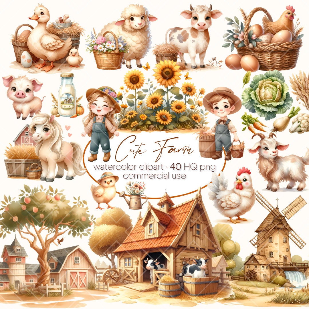 Cute Farm Clipart, Farm Animals Watercolor, Farm Baby Animals, Farm ...