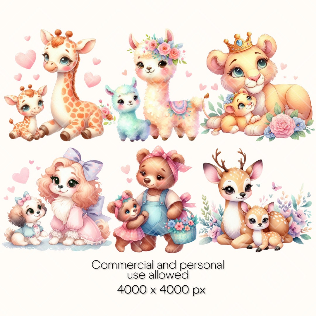 Watercolor Mama and Baby Animal Clipart, Mother's Day Clipart, Baby ...