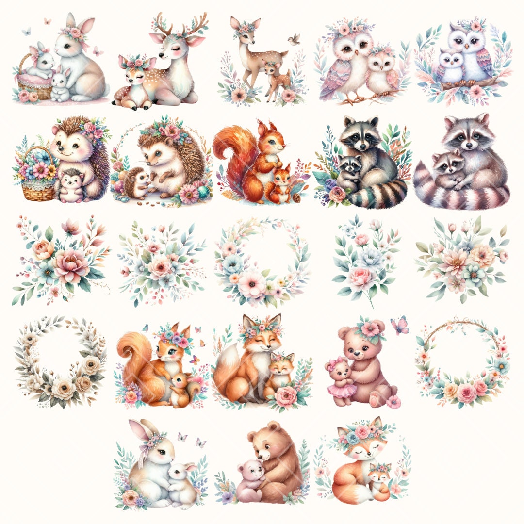 Watercolor Mama and Baby Animal Clipart, Mother's Day Clipart, Baby ...