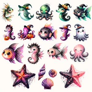 Halloween Mermaid Clipart: Watercolor Sea Animals PNG (digital Download ...