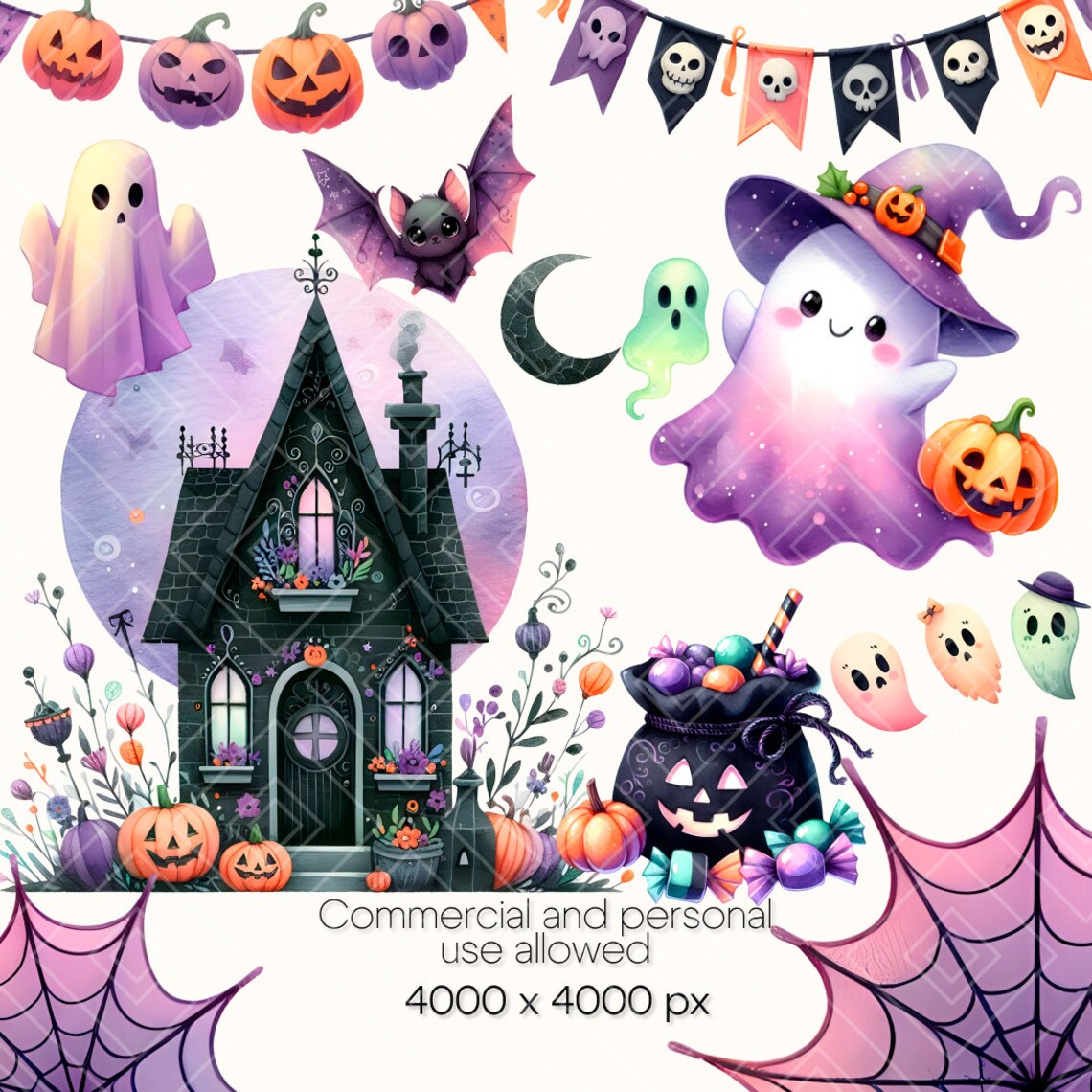 Cute Halloween Watercolor Clipart Bundle, Pumpkin Clipart, Halloween ...