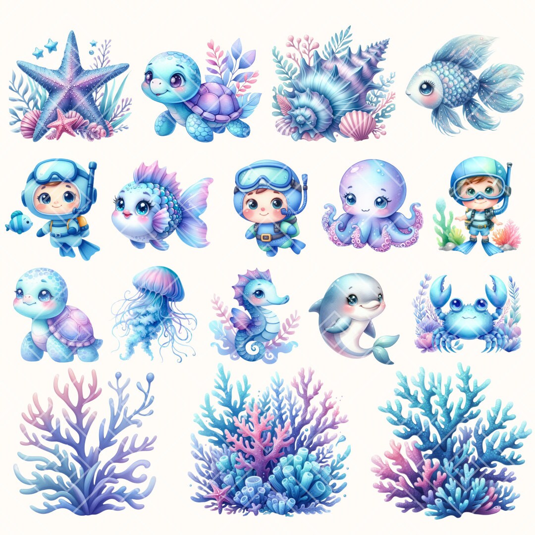 Undersea Watercolor Clipart Bundle, Cute Ocean Animals PNG, Baby Shower ...
