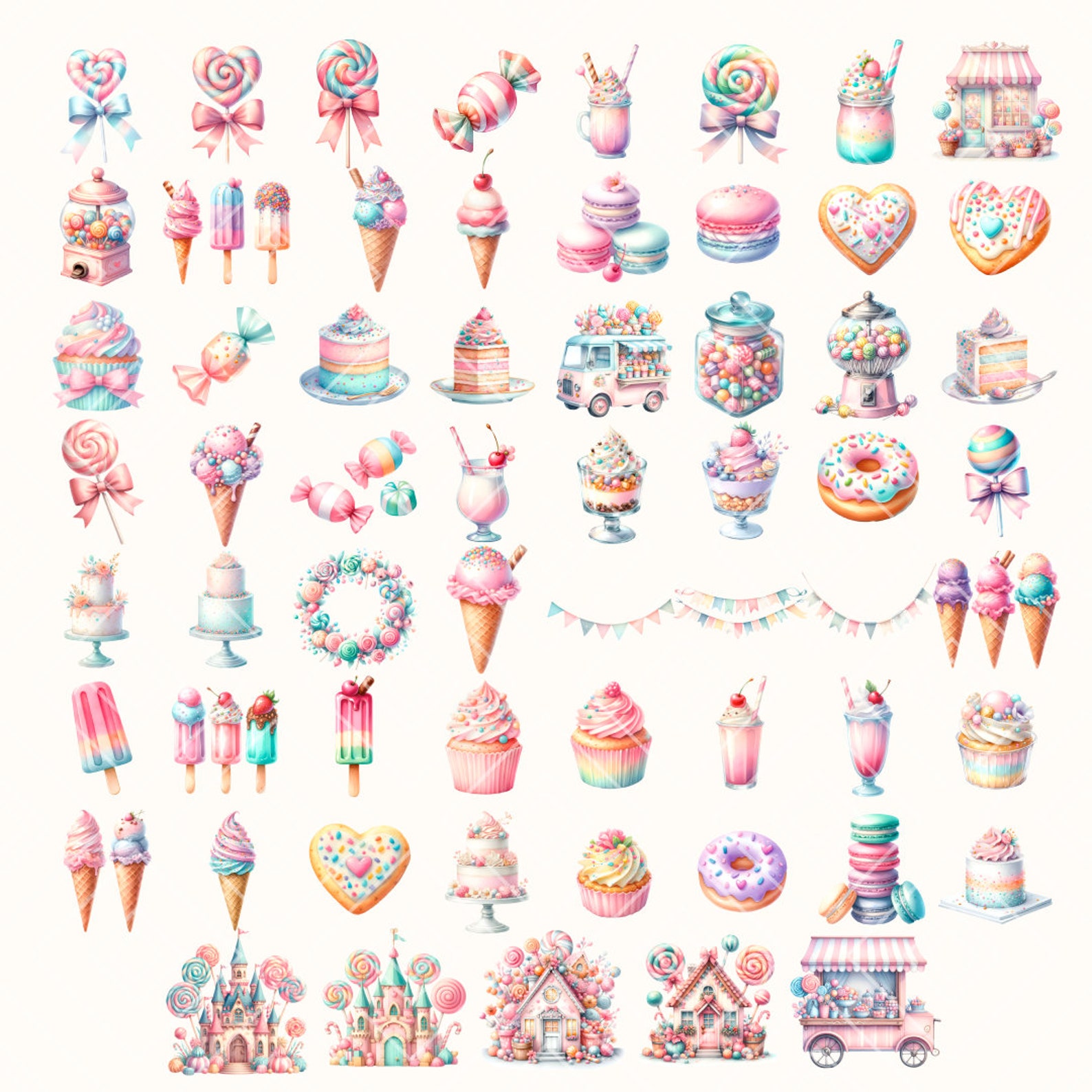 Watercolor Candyland Clipart Bundle: Pastel Sweets PNG (digital ...