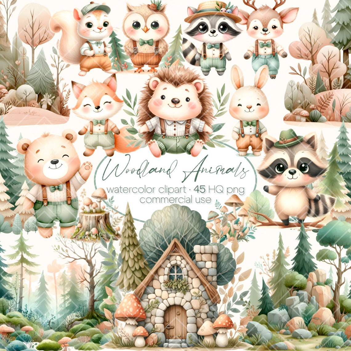 Watercolor Woodland Animals Clipart: 45 PNG Illustrations (digital ...